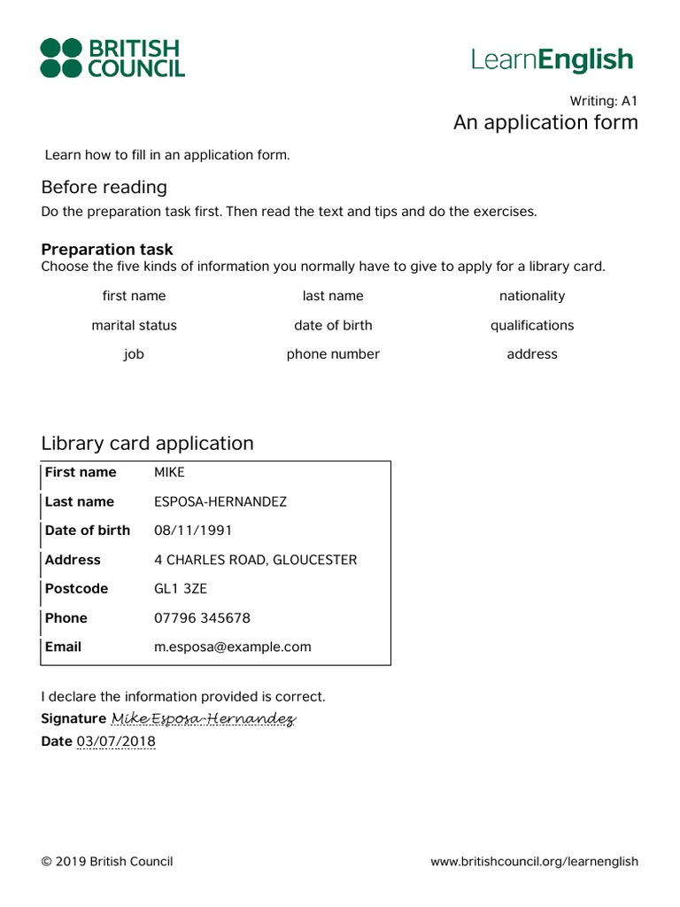 LearnEnglish Writing A1 An Application Form | PDF