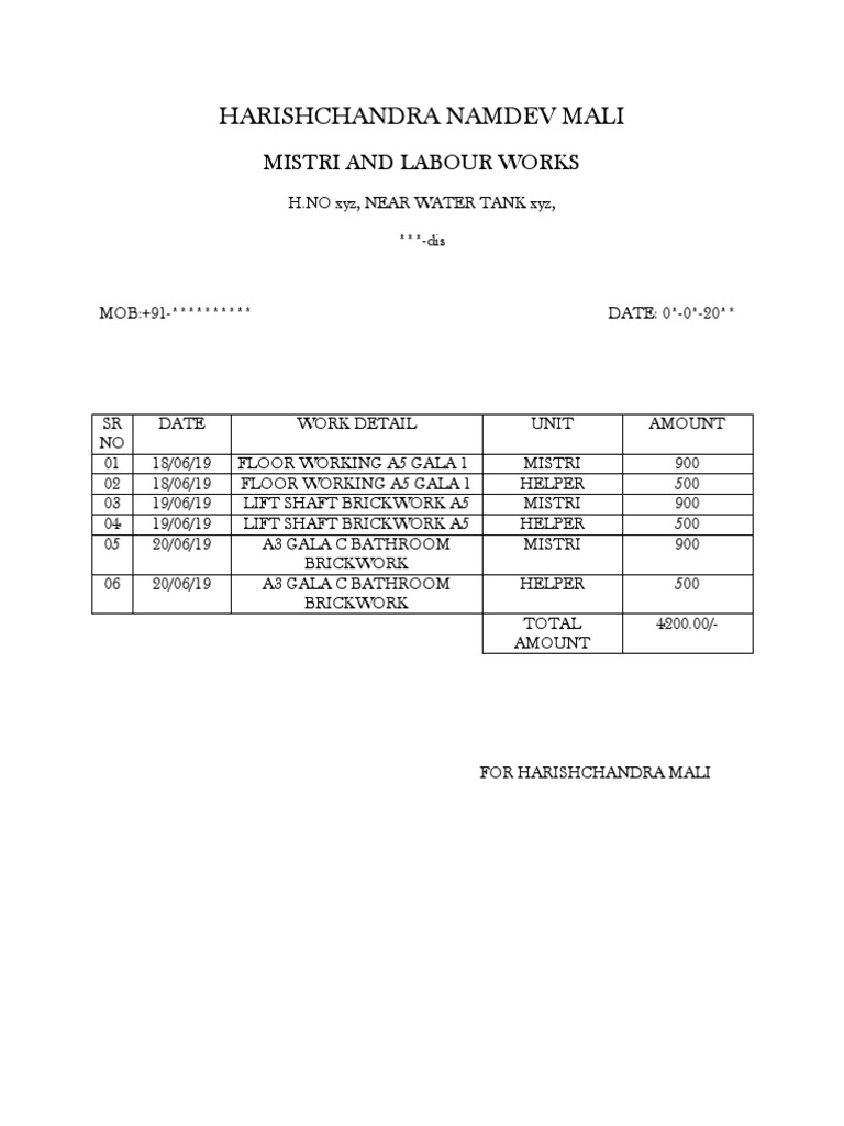 Harishchandra Namdev Mali: Mistri and Labour Works | PDF