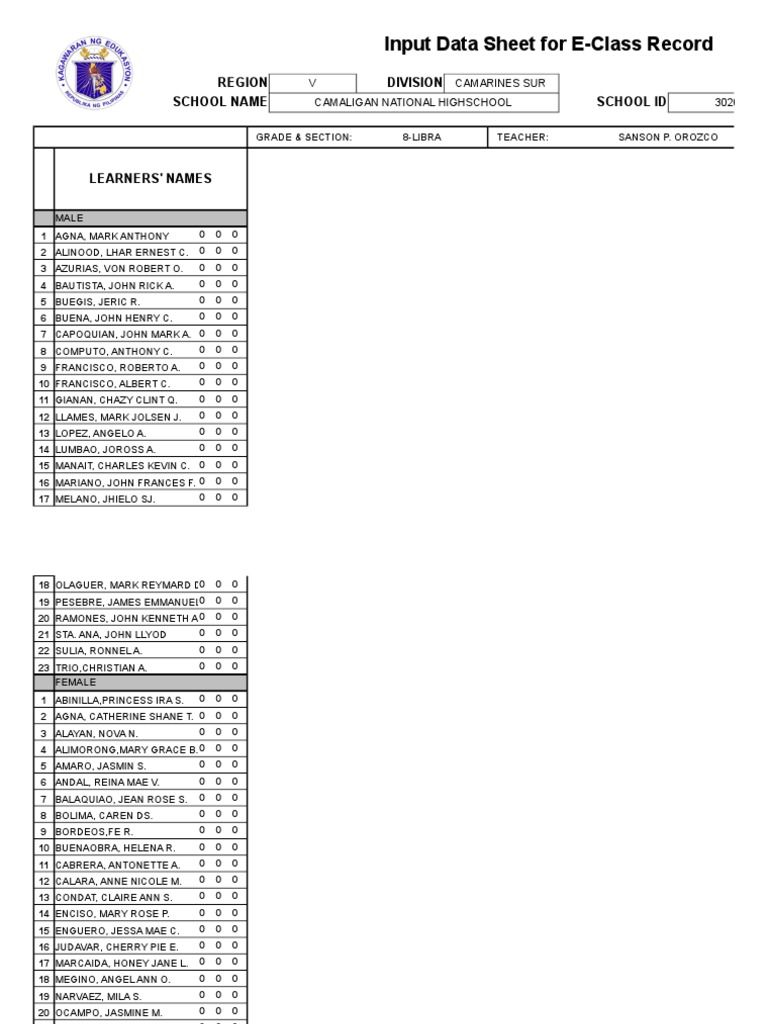 Input Data Sheet For E-Class Record: Region Division School Name School Id | PDF