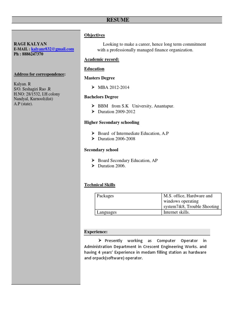 Resume: Objectives Ragi Kalyan | PDF | Academic Degree | Behavior Modification