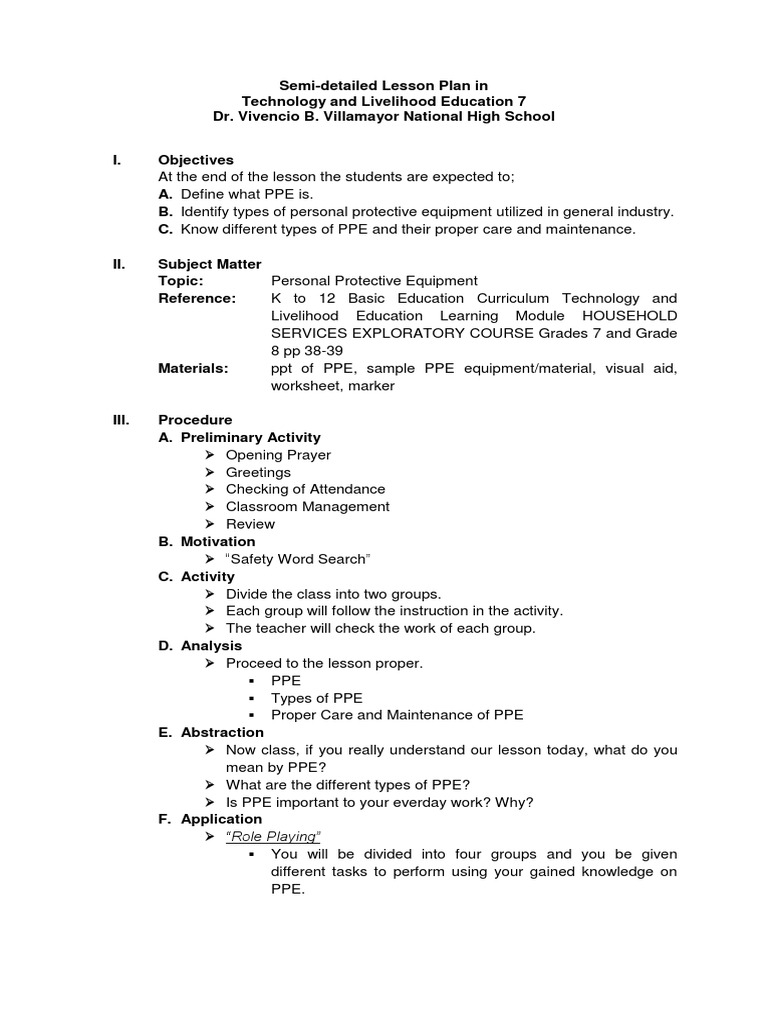 PPE Lesson Plan for TLE 7 | PDF