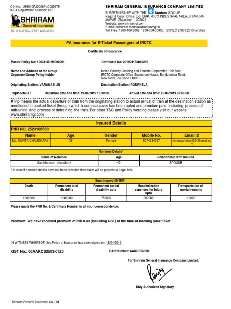 PA Insurance For E-Ticket Passengers of IRCTC: Insured Details | PDF ...