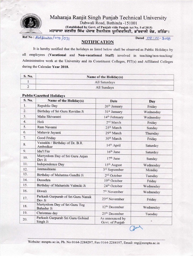 MRSPTU Holiday Calendar 2018 PDF | PDF