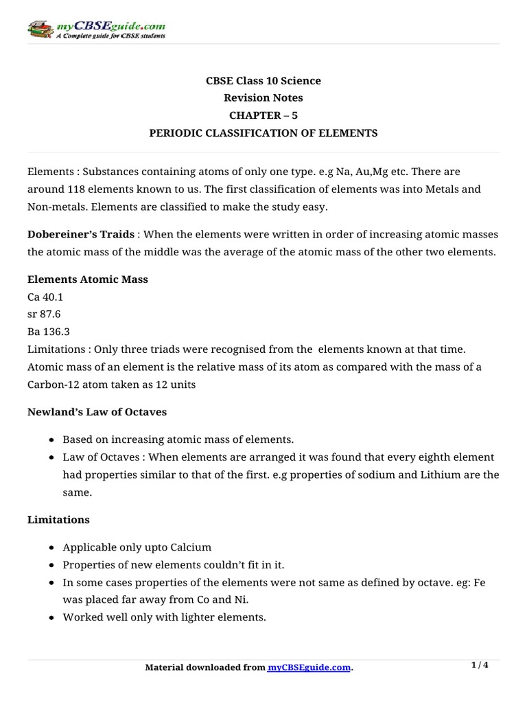 CBSE Class 10 Science Revision Notes Chapter - 5 Periodic ...
