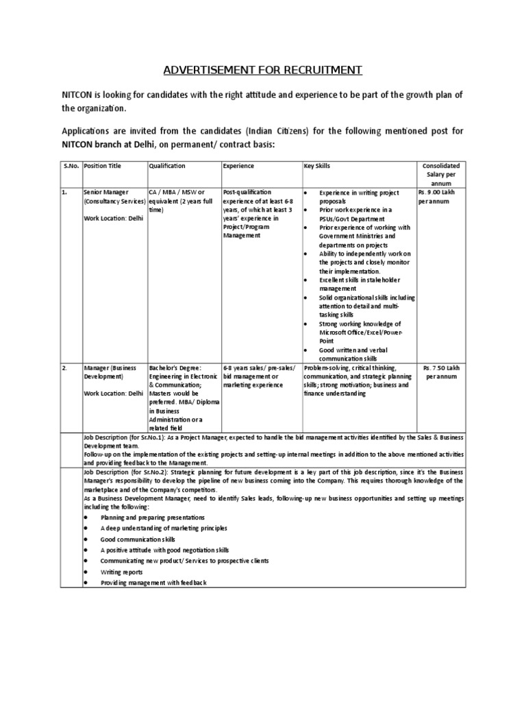 Recruitment Opportunity: Senior Manager and Manager Positions at NITCON ...
