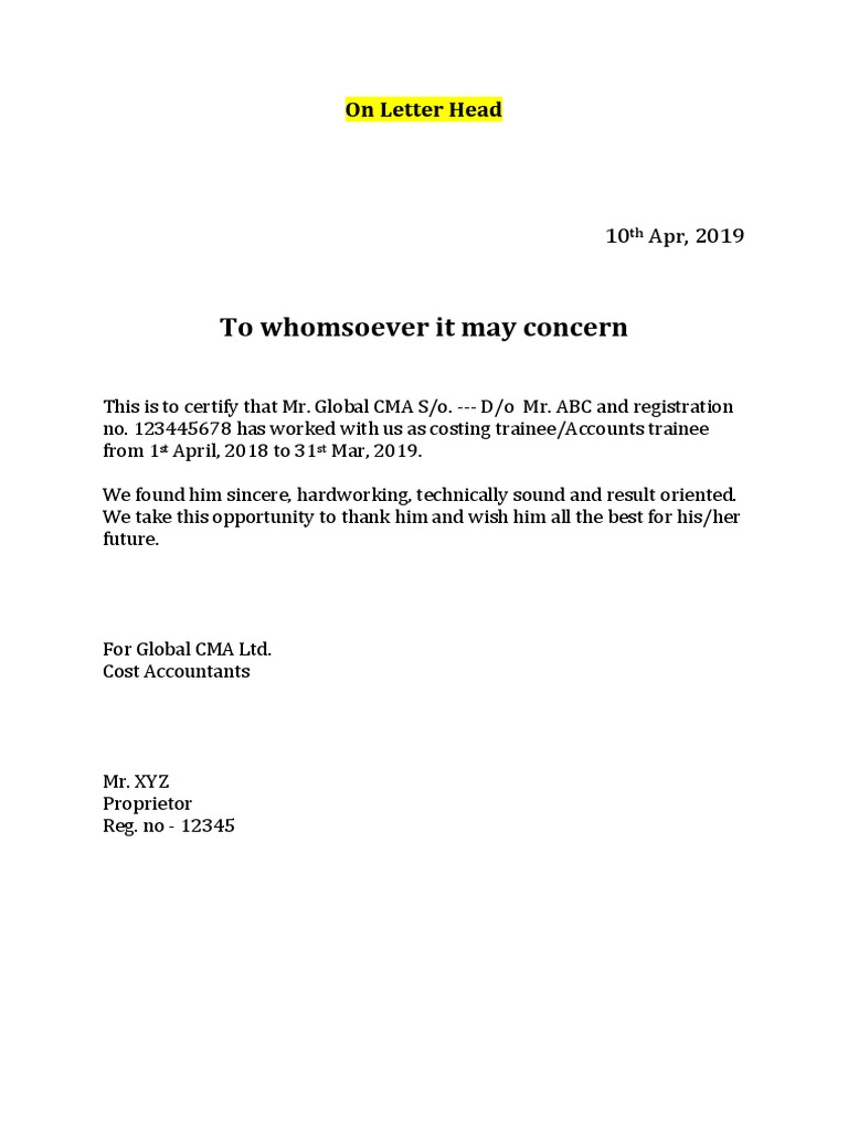 To Whomsoever It May Concern: On Letter Head | PDF