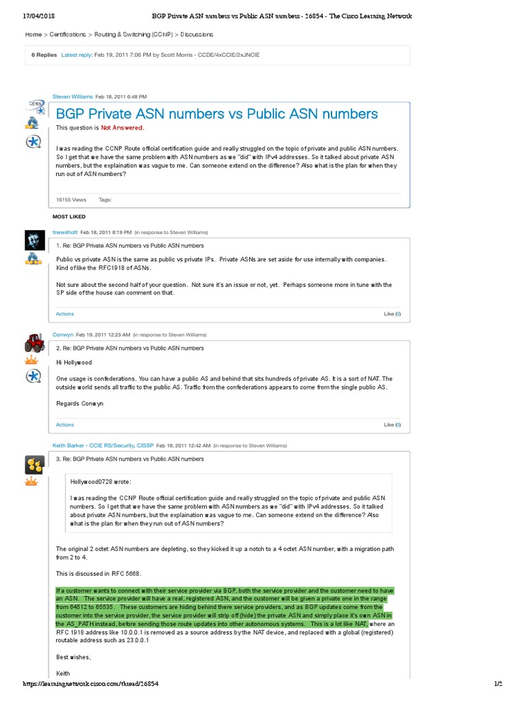 BGP Private ASN Numbers Vs Public ASN Numbers: Not Answered | PDF ...