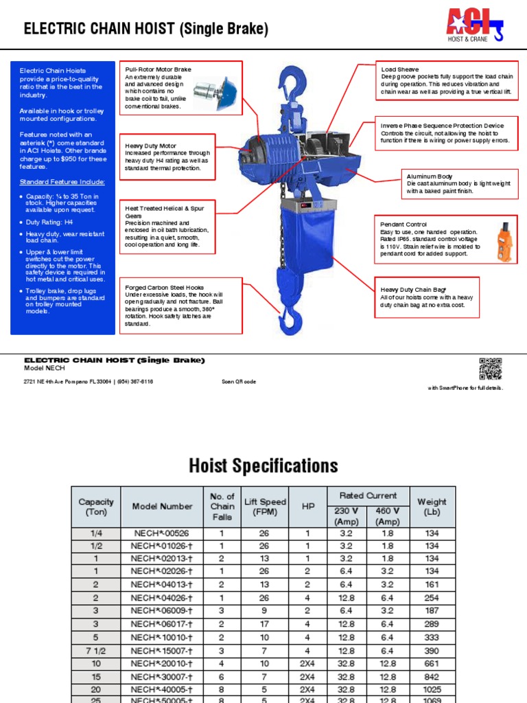 Electric Chain Hoist (Single Brake) : Pull-Rotor Motor Brake Load ...