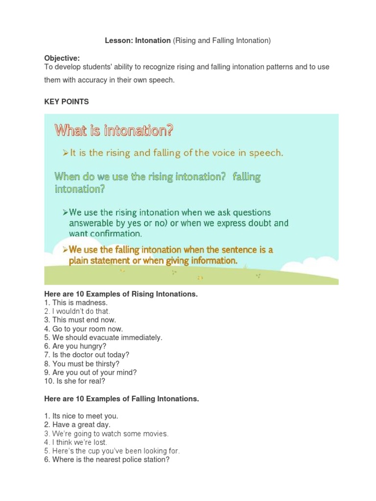 Lesson: Intonation (Rising and Falling Intonation) Objective | PDF ...