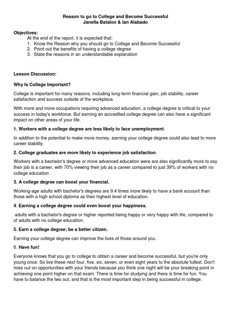 Reason To Go College and Become Successful | PDF | College | Academic ...