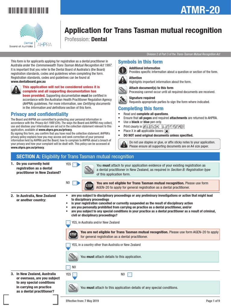 Dental Board Form Application For Trans Tasman Mutual Recognition ATMR 20 | PDF | Dental ...