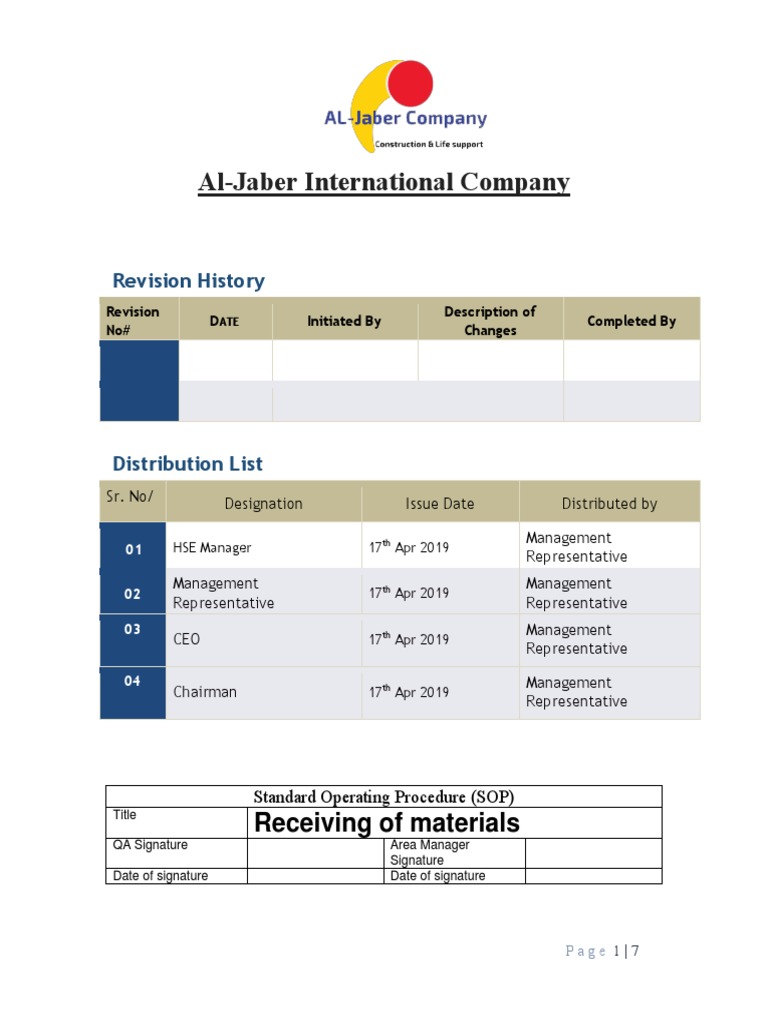 Standard Receiving of Materials Operating Procedure | PDF | Receipt ...