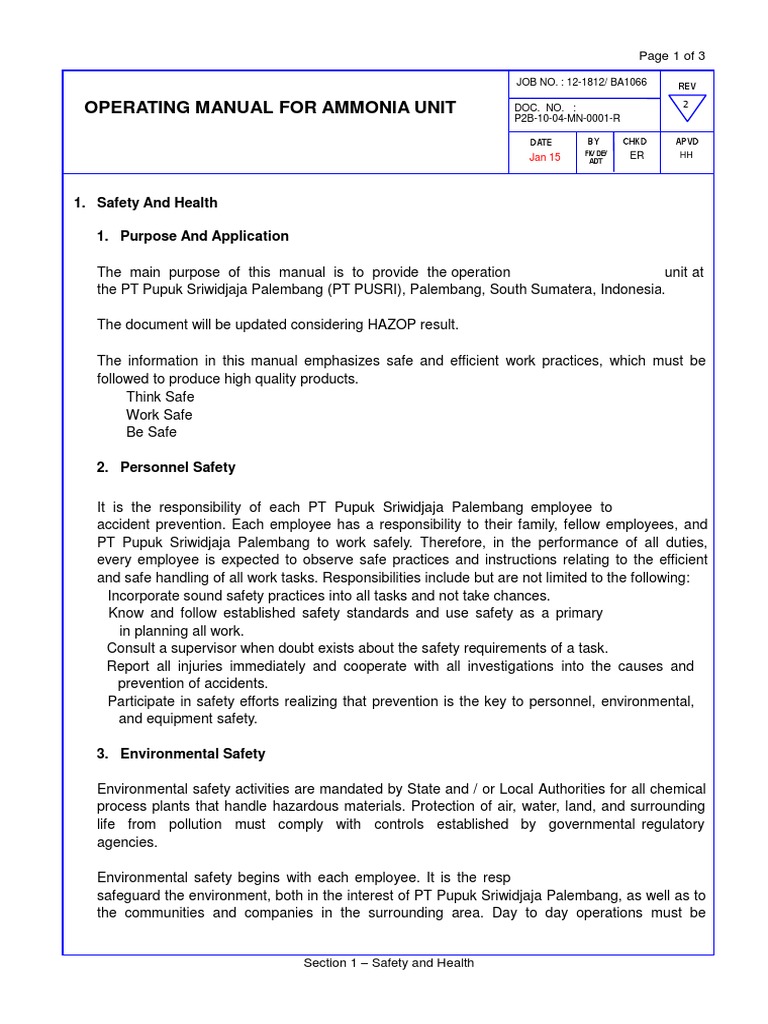 Operating Manual For Ammonia Unit: 1. Safety and Health 1. Purpose and ...