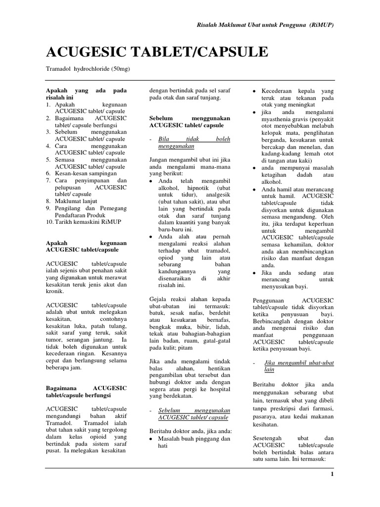 Acugesic Tramadol Hydrochloride DUOPHARMA M SDN. BHD. 12nov2015 BM | PDF