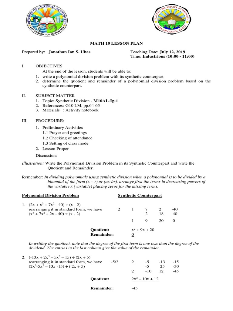 Polynomial Division Problem And Its Synthetic Counterpart Pdf