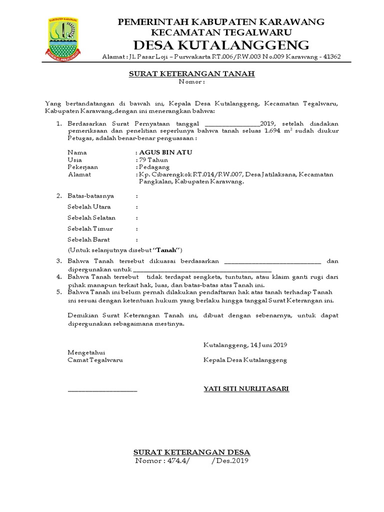 Surat Keterangan Tanah Dari Kepala Desa | PDF