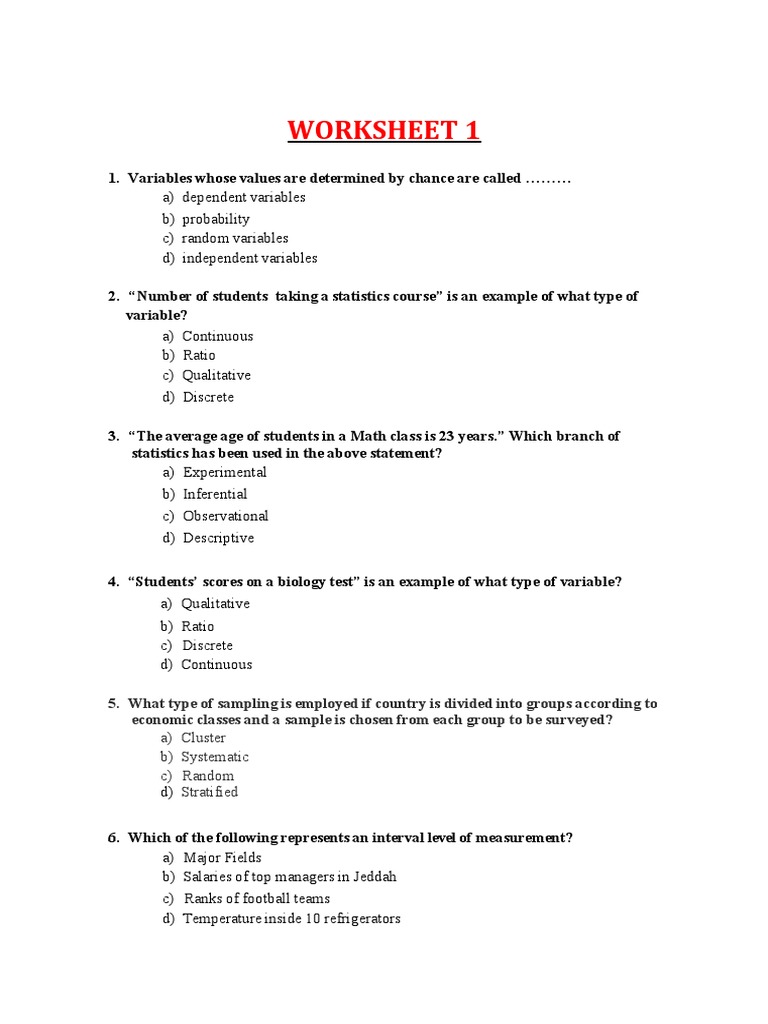 Statistics Worksheet 1 Multiple Choice Questions | PDF