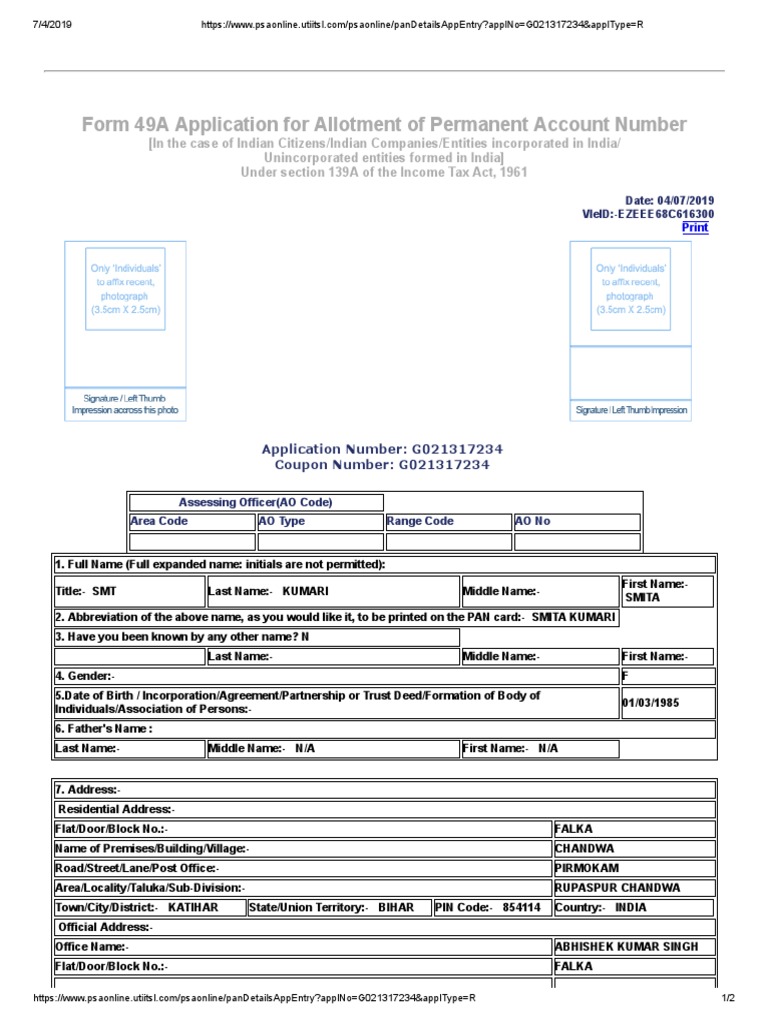 Form 49A Application For Allotment of Permanent Account Number | PDF ...