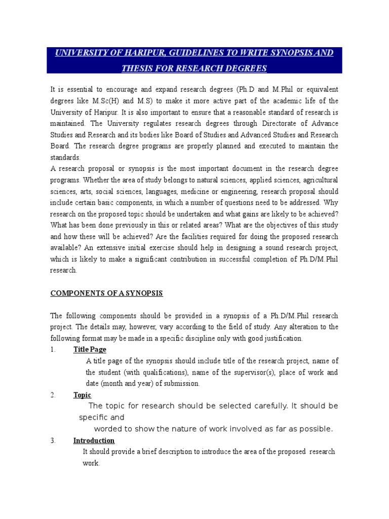 PhD Synopsis and Thesis Guidelines | PDF | Thesis | Doctor Of Philosophy