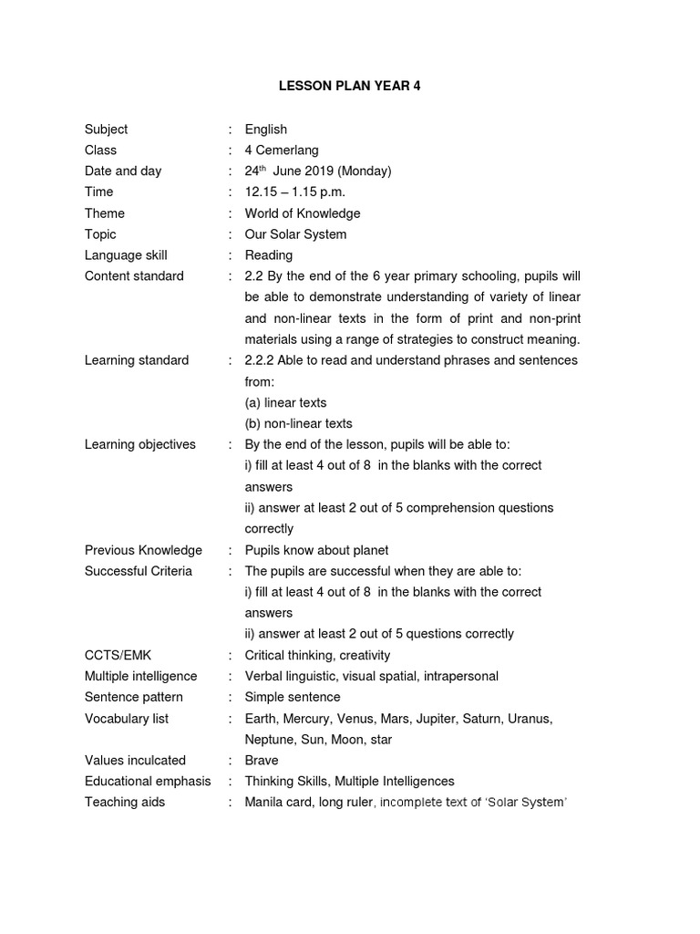 Lesson Plan Year 4 | Download Free PDF | Reading Comprehension | Cognition