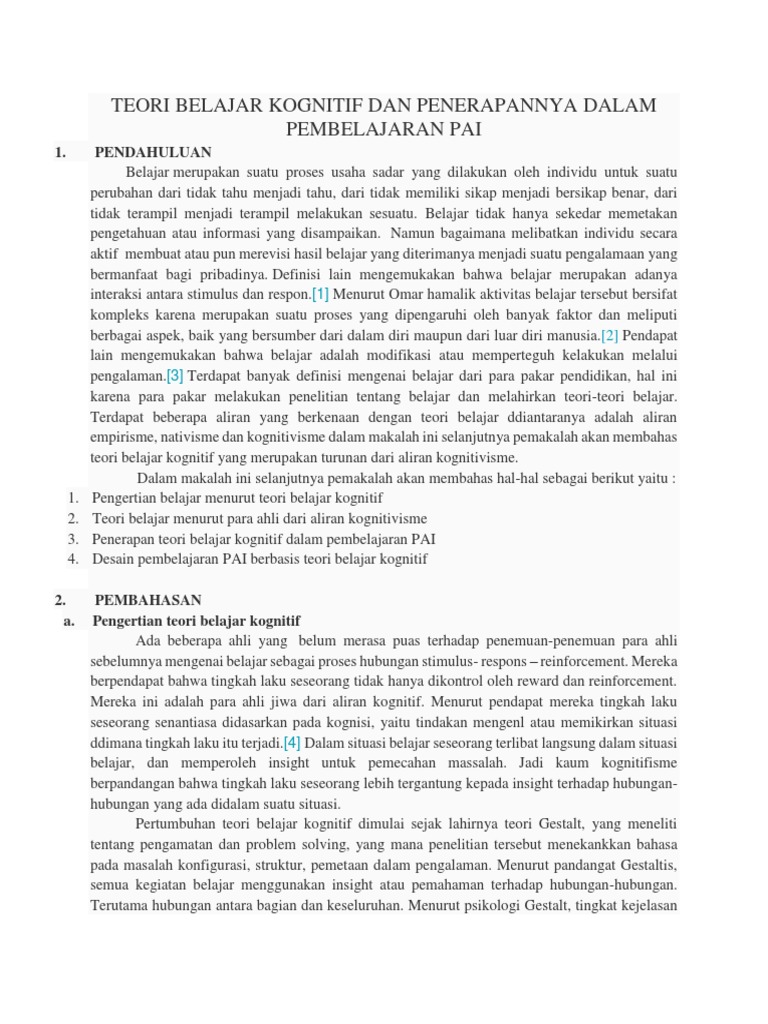 Teori Belajar Kognitif Dan Penerapannya Dalam Pembelajaran Pai | PDF Teori Belajar Kognitif Dan Penerapannya Dalam Pembelajaran Pai | PDF