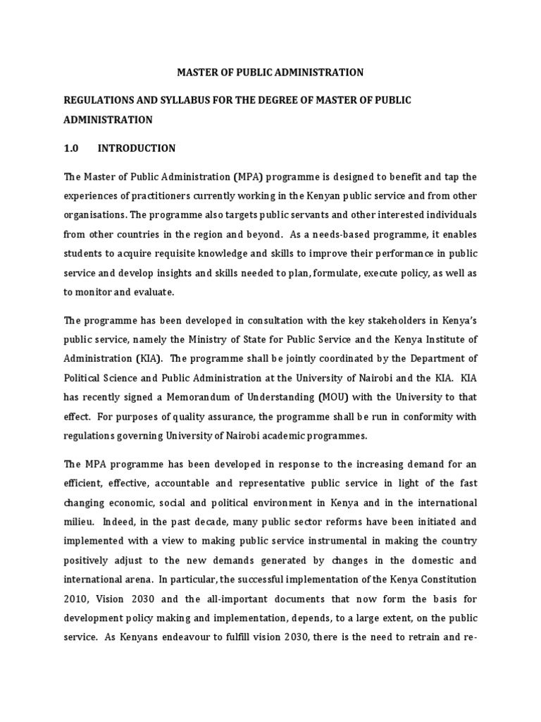 Master of Public Administration Regulations and Syllabus For The Degree of Master of Public ...