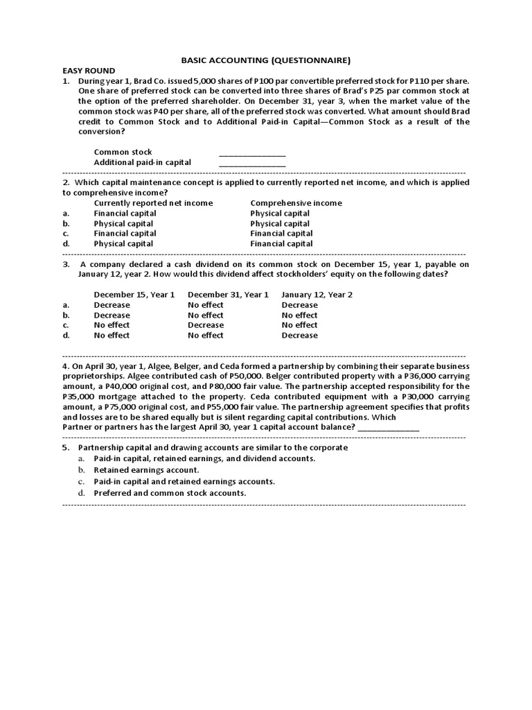 Basic Accounting (Questionnaire) : Easy Round | PDF | Debits And ...