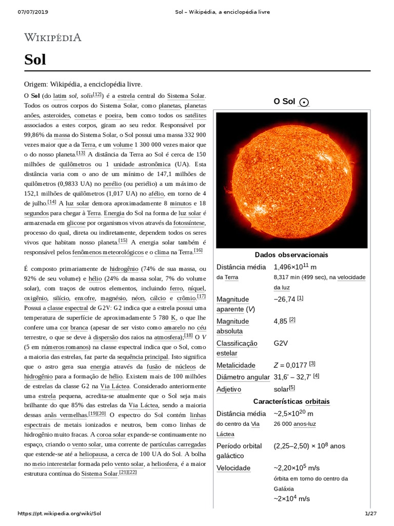 Origem: Wikipédia, A Enciclopédia Livre.: O Sol | PDF | Sol | Estrelas