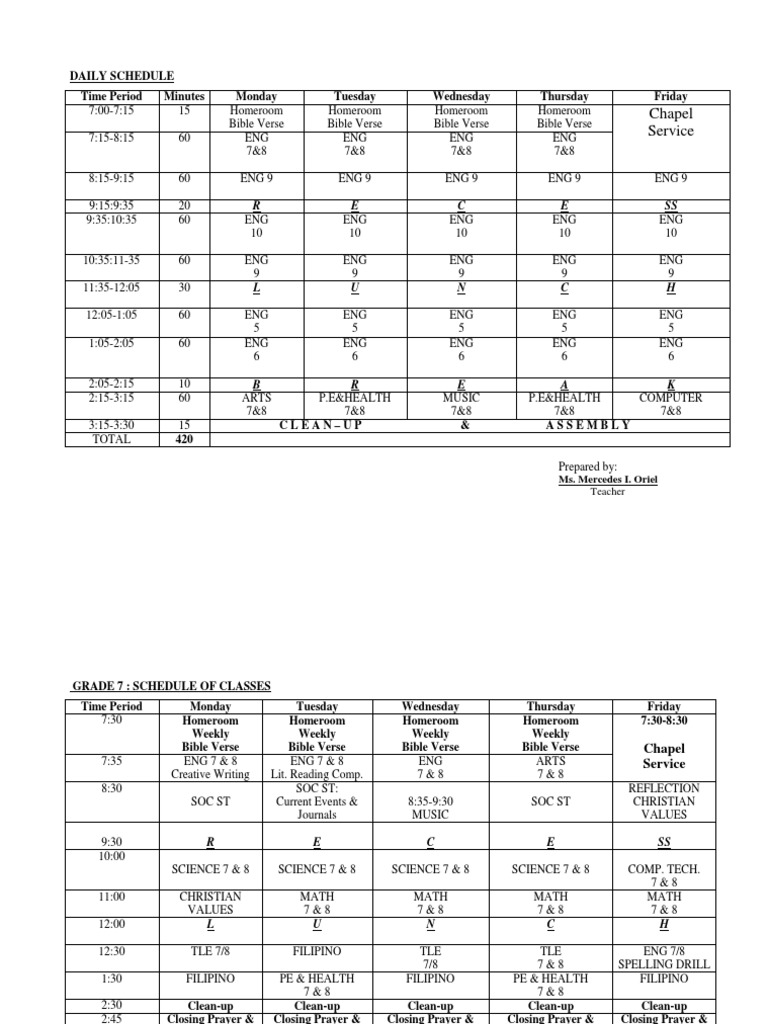 Chapel Service: Daily Schedule Time Period Minutes Monday Tuesday ...