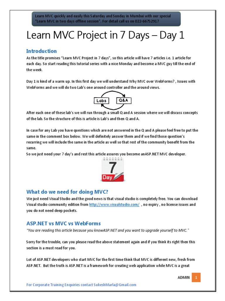 Learn MVC Project in 7 Days Day 1 PDF | PDF | Model–View–Controller | Software Engineering