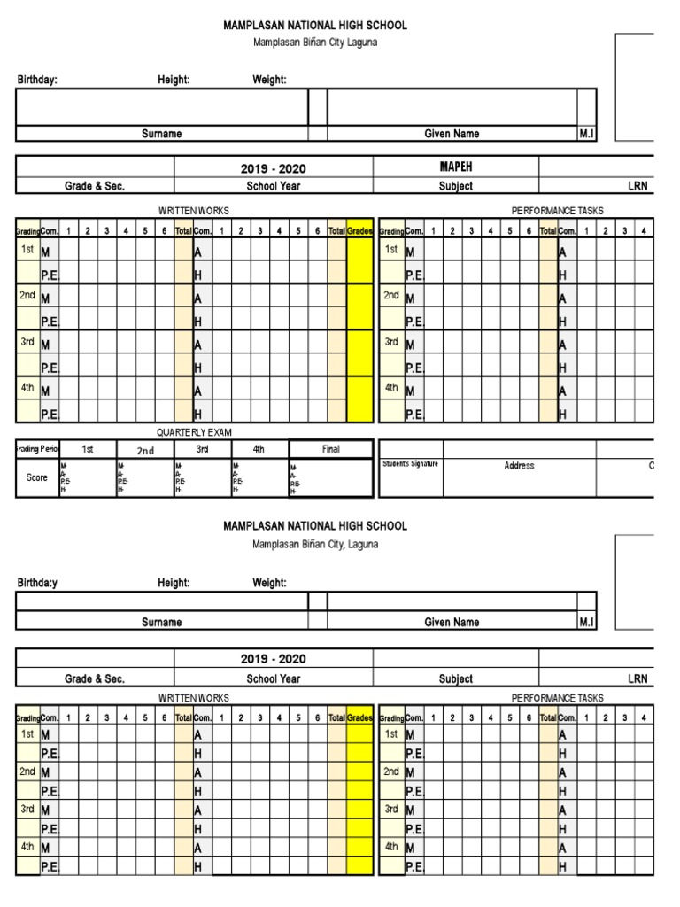 Mapeh Class Card 2021 | PDF