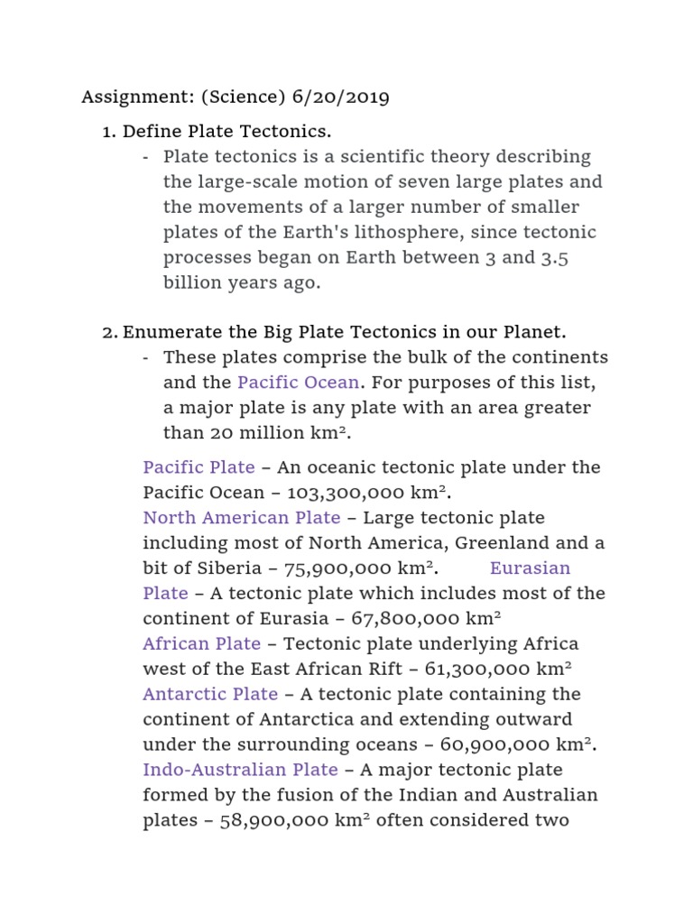 Assignment: (Science) 6/20/2019 1. Define Plate Tectonics. | PDF ...