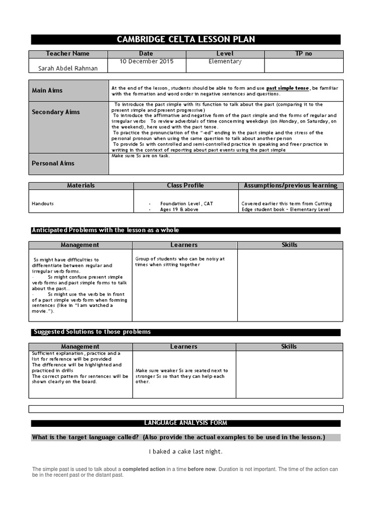 Cambridge Celta Lesson Plan: Sarah Abdel Rahman 10 December 2015 ...