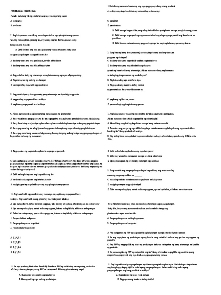 Ekonomiks Pre Test | PDF