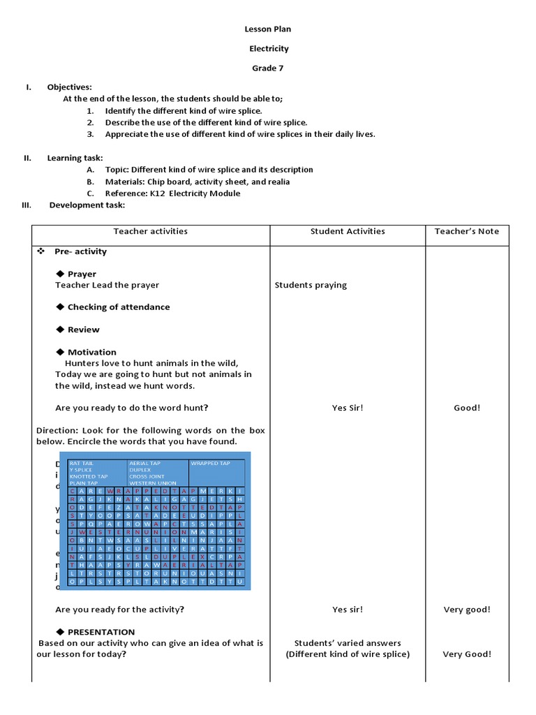 Lesson Plan Electricity Grade 7 I. Objectives | PDF | Pedagogy ...