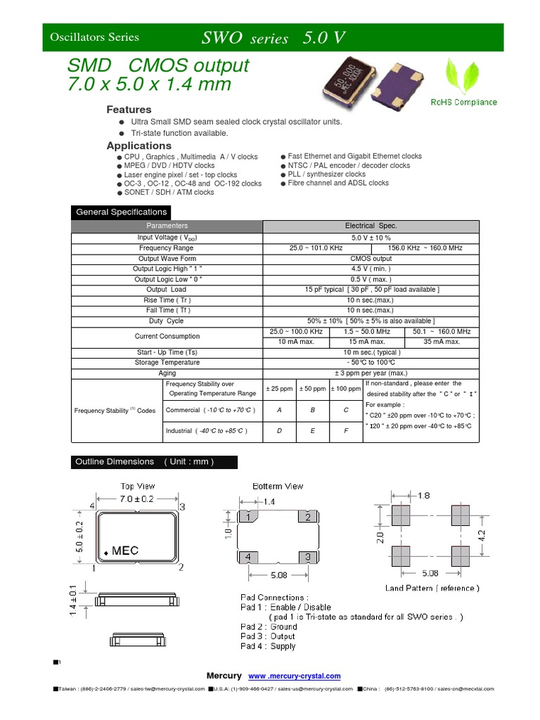SMD CMOS Output 7.0 X 5.0 X 1.4 MM: SWO 5.0 V | PDF | Electronics ...
