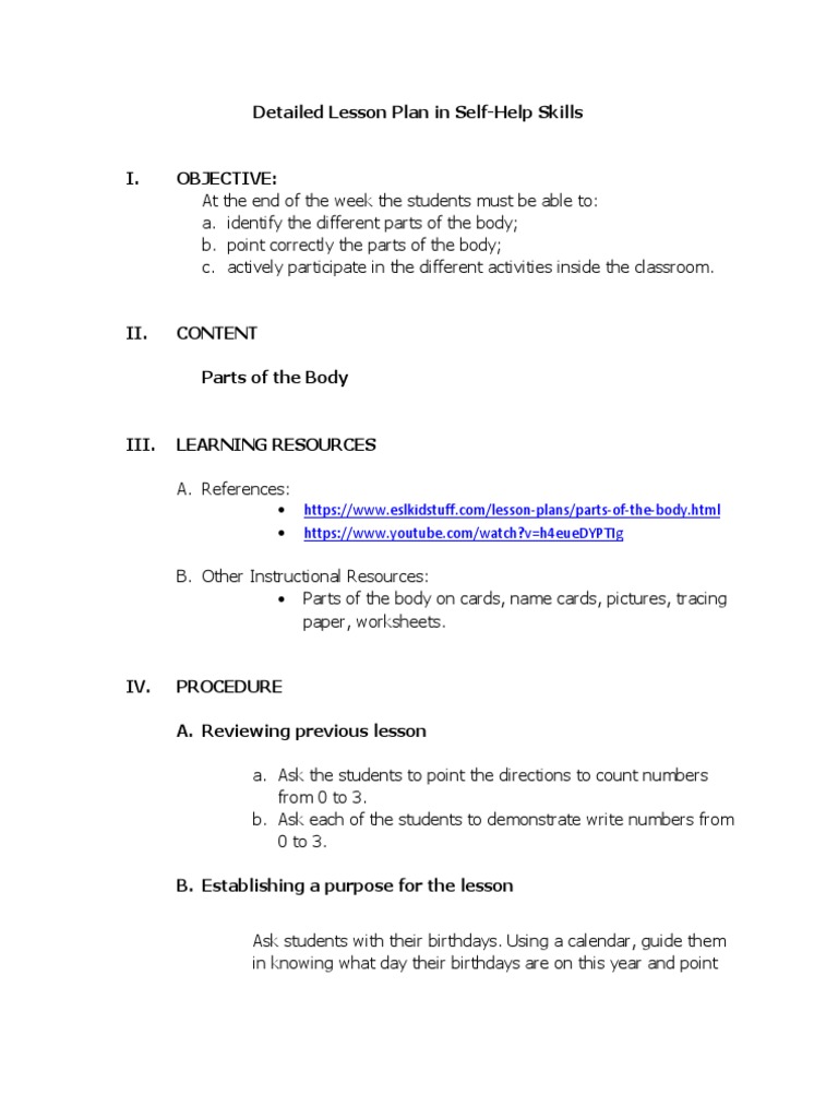 DLP in Self Help Skills (Parts of The Body) | PDF | Lesson Plan ...