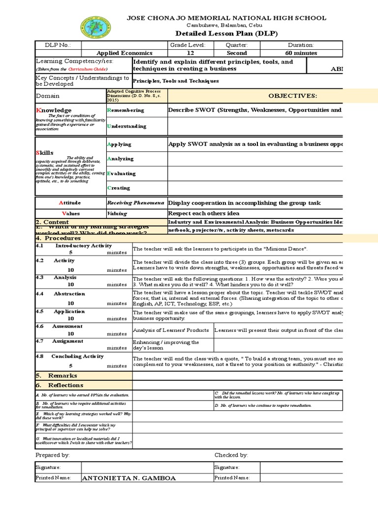 SWOT Analysis Lesson Plan Grade 12 | PDF | Swot Analysis | Lesson Plan