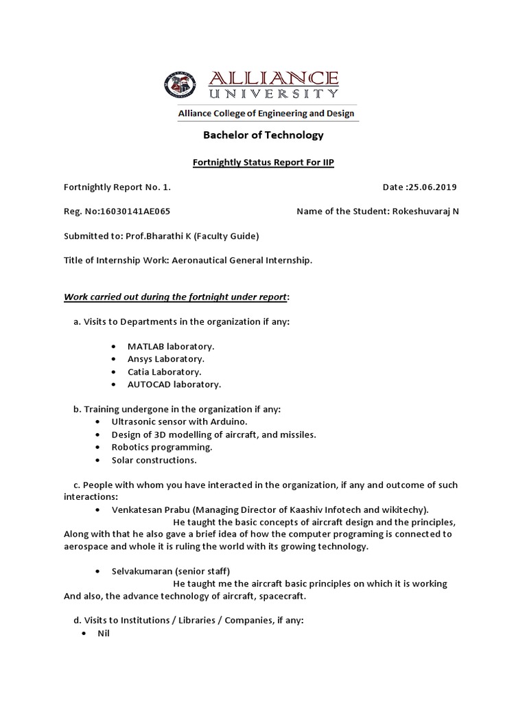 Bachelor of Technology: Fortnightly Status Report For IIP | PDF