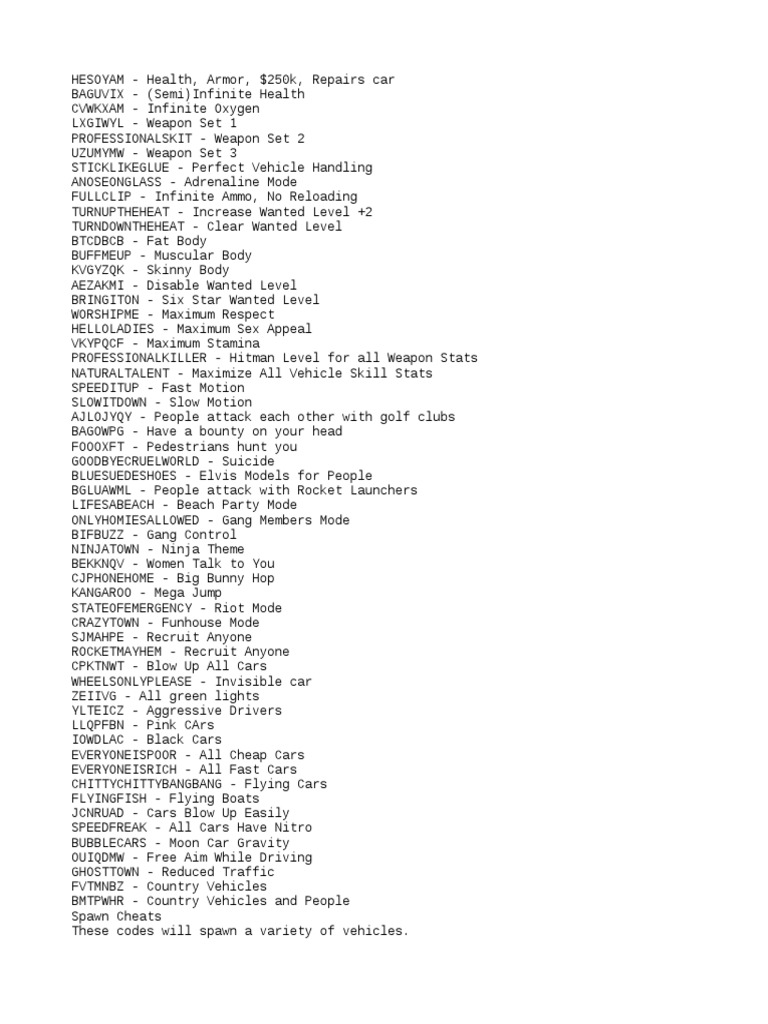 Gta San Andreas Cheat Codes Farmula | PDF | Vehicles