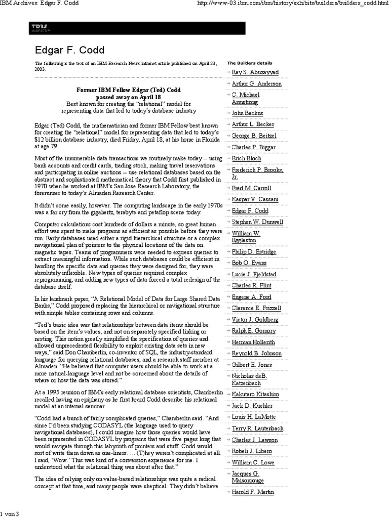 Edgar F. Codd - IBM Archives | PDF | Relational Database | Databases