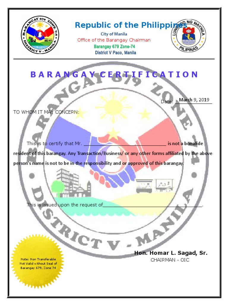 Barangay Certificate of Non-Residency | PDF