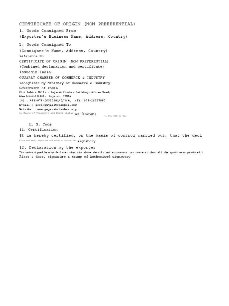 Certificate of Origin (Non Preferential) | PDF