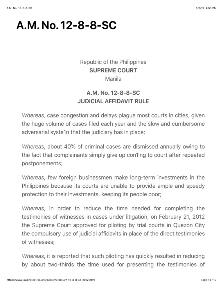 A.M. No. 12-8-8-SC - Judicial Affidavit Rule | PDF | Witness | Affidavit