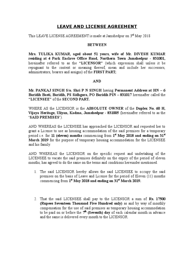 LEAVE LICENSE AGREEMENT - 2nd May 2018 | PDF | License | Landlord