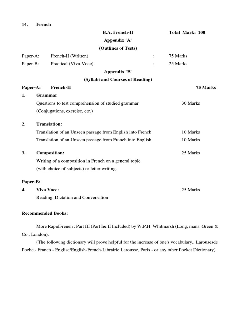 French B.A. French-II Total Mark: 100 Appendix A' (Outlines of Tests) | PDF