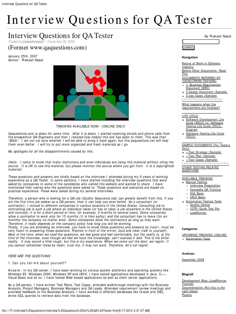 Interview Questions For Qa Tester Pdf Software Testing Software Bug