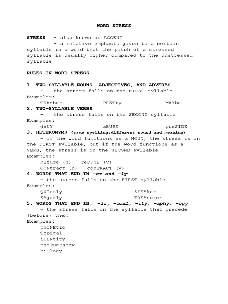 Word Stress STRESS - Also Known As ACCENT: (Same Spelling Different ...