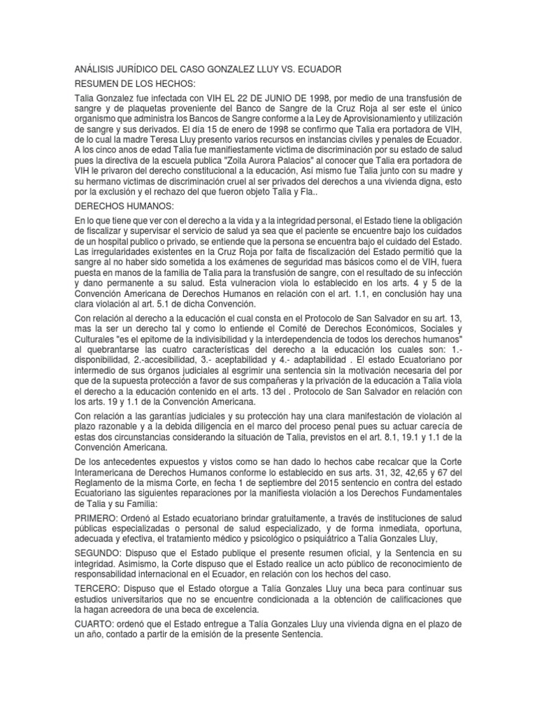 Análisis Jurídico Del Caso Gonzalez Lluy Vs | PDF | Convenio europeo de derechos humanos ...