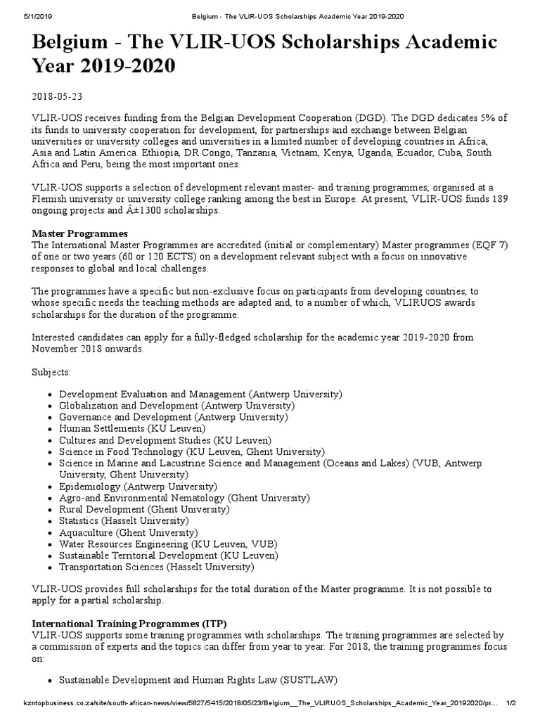 Belgium - The VLIR-UOS Scholarships Academic Year 2019-2020 | PDF ...